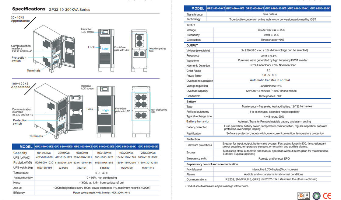 RS232 ثلاث مراحل 300KVA IGBT DSP تحويل مزدوج UPS